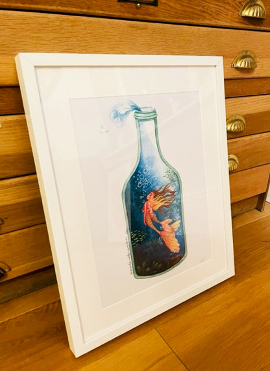 Mermaid and Girl Swimming Print Mermaid in A Bottle Art Girl in Ocean ...