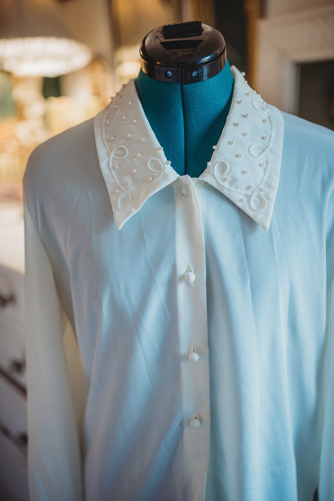 Pearled Peter-pan Collar || Vintage Blouse || off White 90s - Etsy