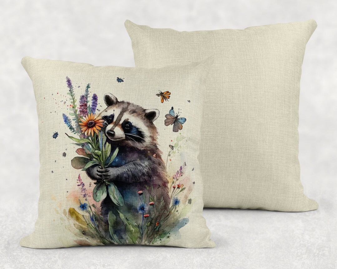Watercolor Floral Baby Raccoon Art Linen Throw Pillow Sham - Etsy