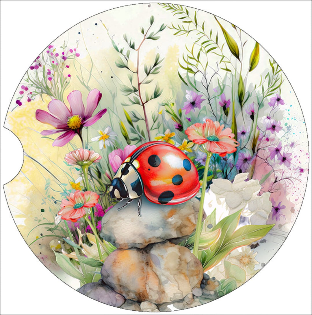 Watercolor Ladybug and Wildflowers Art Car Coasters - Matching Pair ...