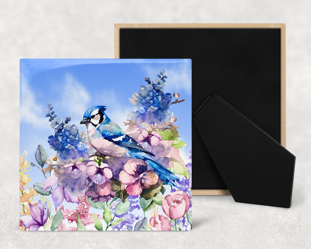 Watercolor Blue Jay and Flowers Art Decorative Ceramic Tile With ...
