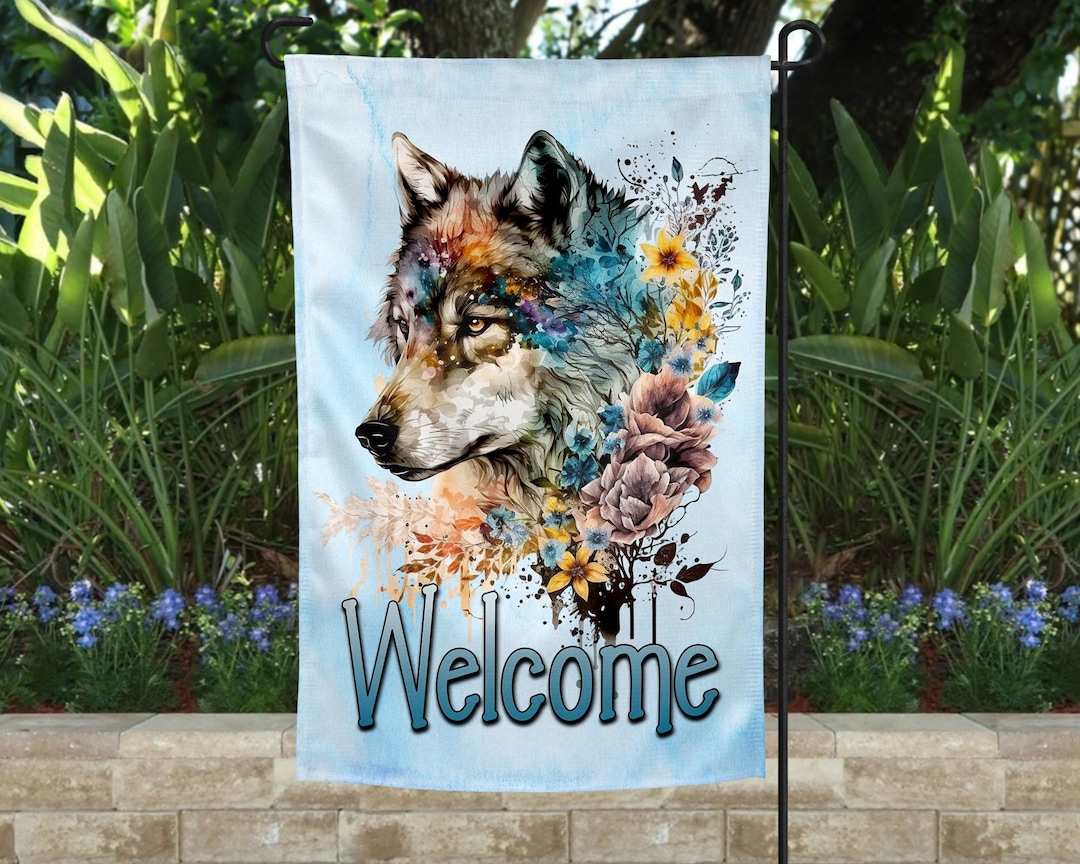 Welcome Watercolor Wolf Floral Art White Garden Flag - 3 Design Choices ...