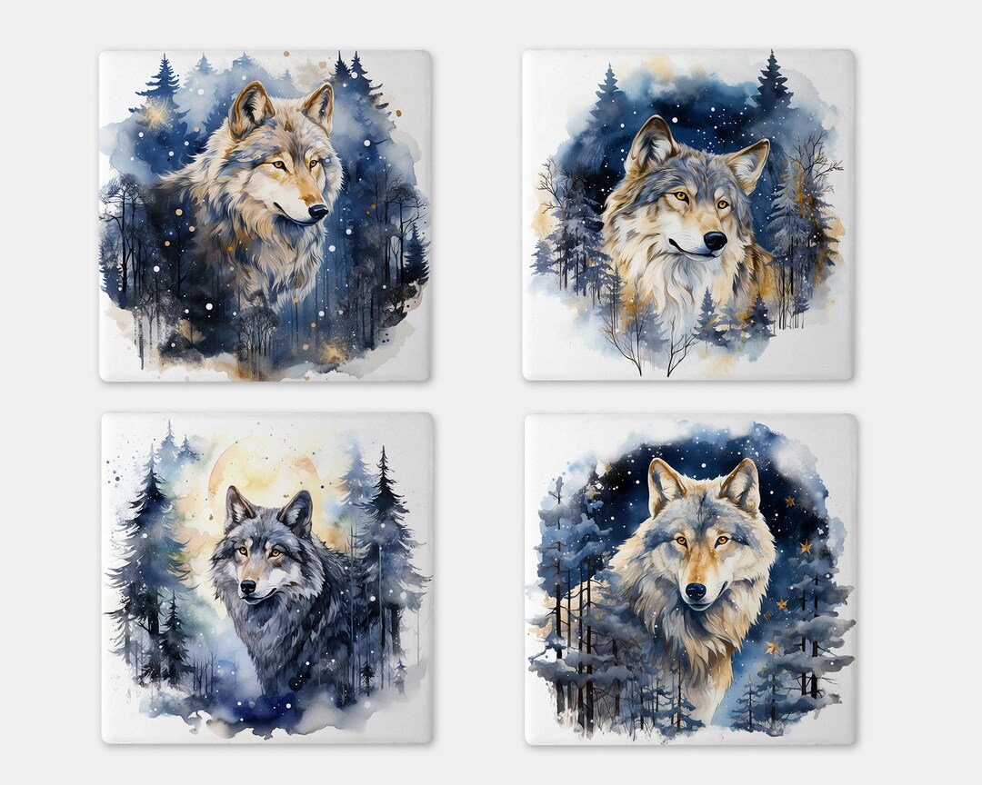 Watercolor Winter Wolves Art Decorative Ceramic Tile, Coaster Set or ...