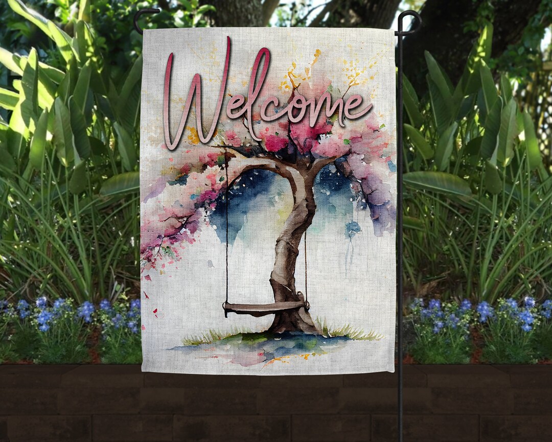 Welcome Watercolor Tree Swing Art Linen Garden Flagoutdoor Decorgarden ...