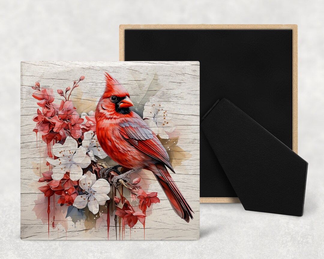 Watercolor Cardinal on Wood Texture Art Decorative Ceramic Tile With ...