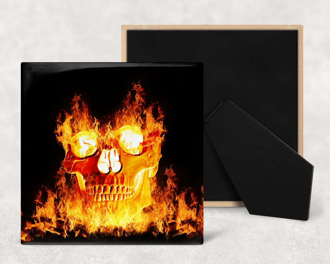 Flaming Skull Halloween Art Decorative Ceramic Tile With Optional Easel ...