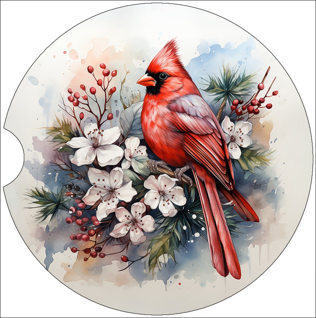 Watercolor Cardinal and Flowers Art Car Coasters - Matching Pair - Set ...