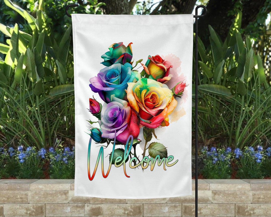 Welcome Watercolor Rainbow Roses Art White Garden Flag - 2 Design ...