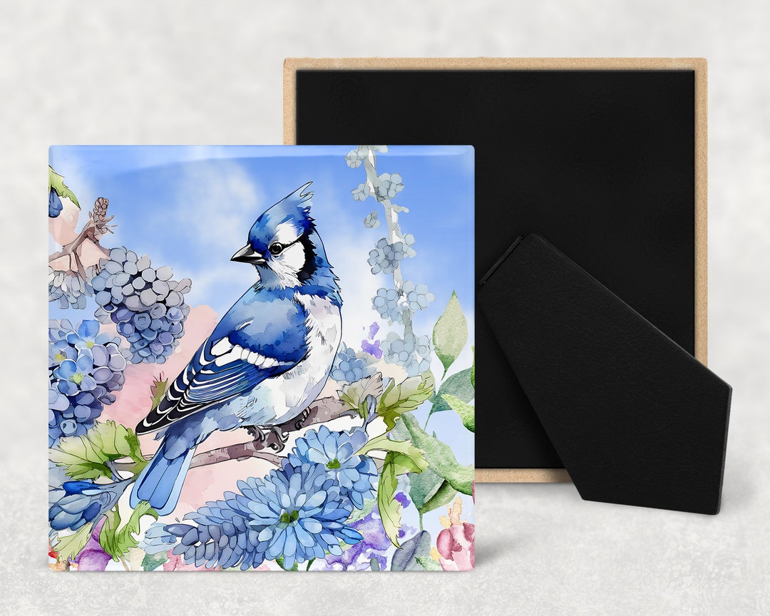 Watercolor Blue Jay and Flowers Art Decorative Ceramic Tile With ...