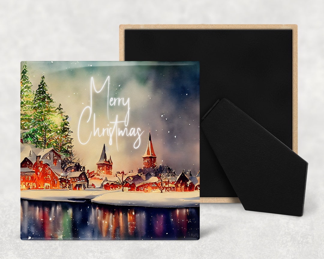 Merry Christmas Village Art Decorative Ceramic Tile With Easel Back ...