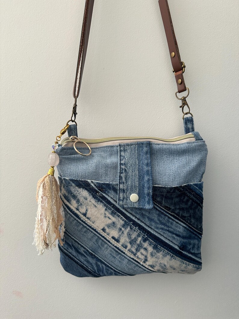RECYCLED DENIM Crossbody Purse *100% HANDMADE* Zipper Close, 5 Pockets ...