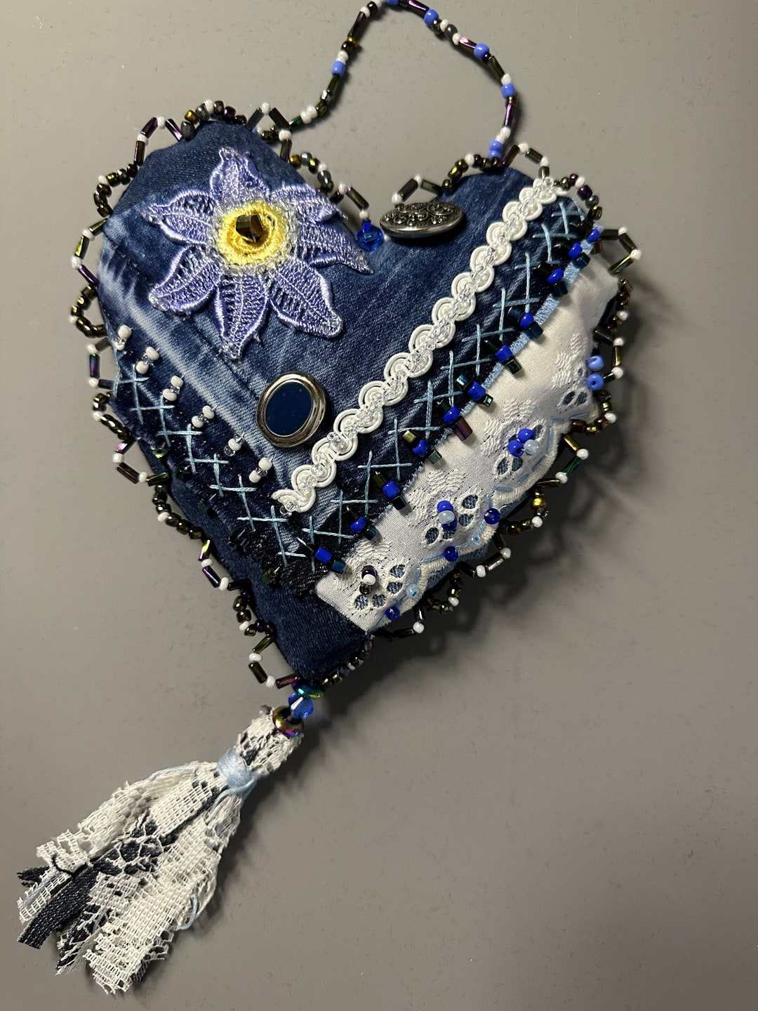 Beaded DENIM HEART, Hand Embroidered, Handmade From Old Blue Jeans ...