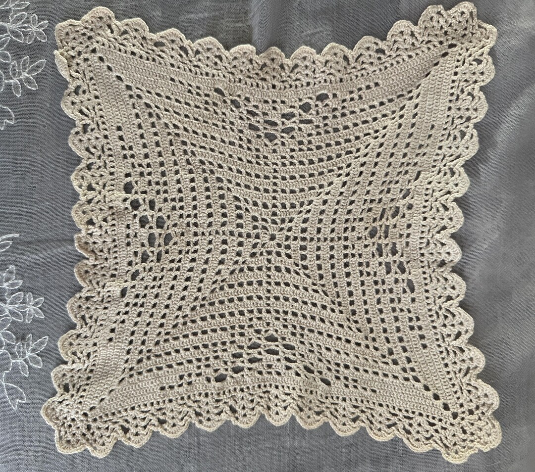 Vintage Handmade Crochet Doily: Beige Square Table Scarf - Etsy