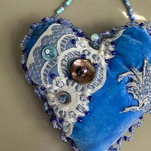 BLUE VELVET Beaded Hanging HEART, Shabby Chic, Handmade Reclaimed ...