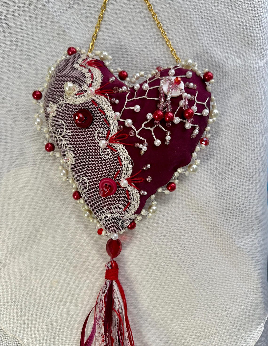 Silk Red HANGING HEART Beaded *100% HANDMADE* Hand Embroidered Maroon ...