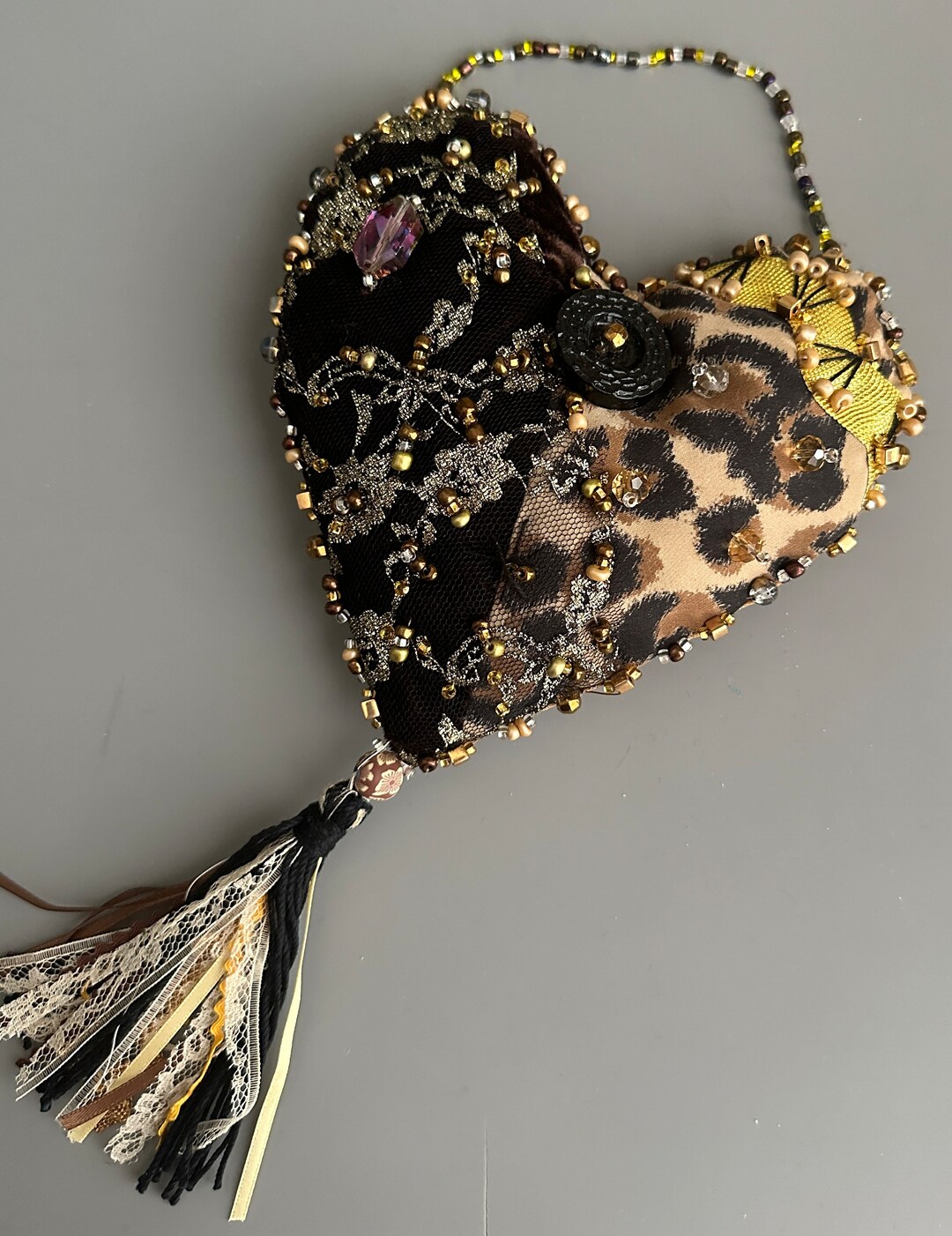 Beaded SILK Hanging HEART, Hand Embroidered * 100% HANDMADE * Shabby ...