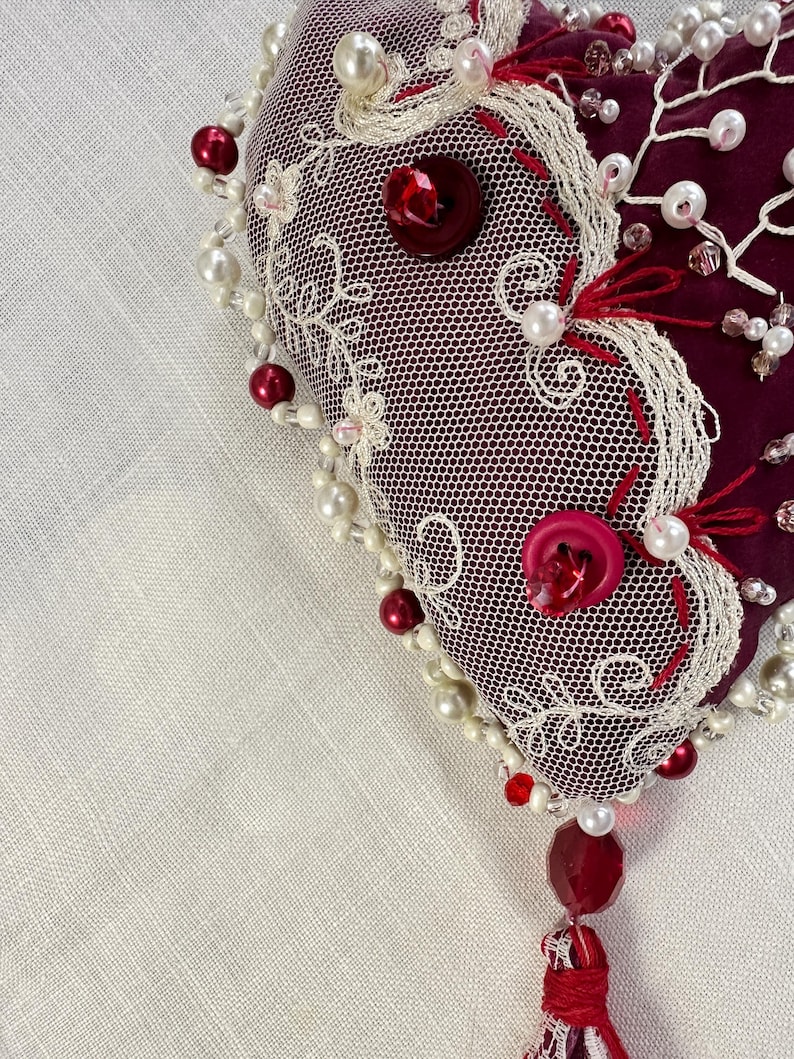 Silk Red HANGING HEART Beaded *100% HANDMADE* Hand Embroidered Maroon ...