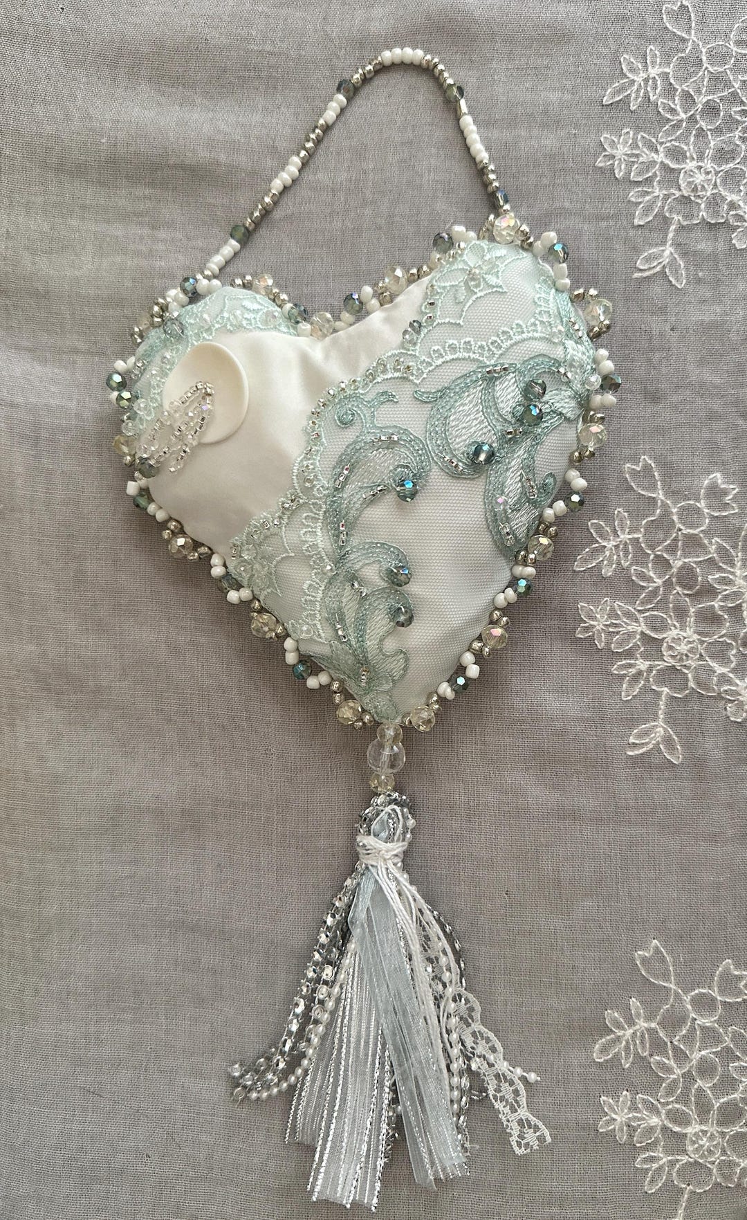 Handmade Silk Heart Ornament, Beaded Aqua Lace Tassel, Gift - Etsy