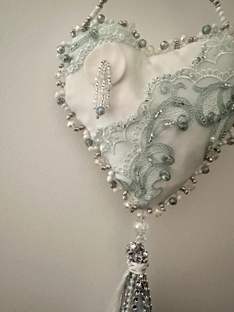 Handmade Silk Heart Ornament, Beaded Aqua Lace Tassel, Gift - Etsy