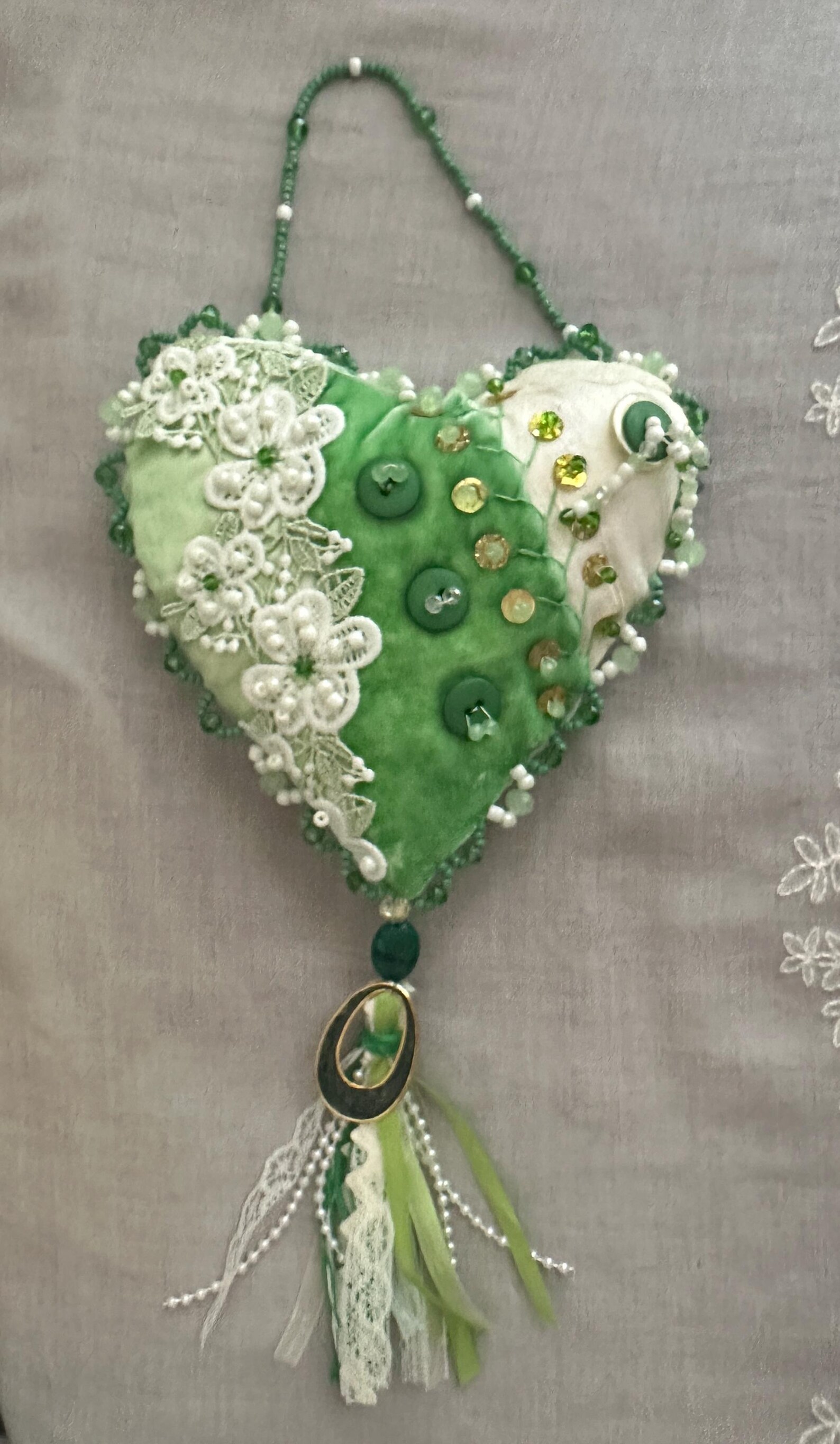 Handmade Velvet & Silk Hanging Heart Ornament, Lace Tassel, Green and ...
