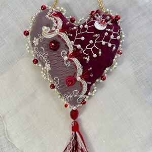 Silk Red HANGING HEART Beaded *100% HANDMADE* Hand Embroidered Maroon ...