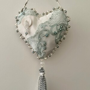 Handmade Silk Heart Ornament, Beaded Aqua Lace Tassel, Gift - Etsy