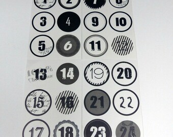 24 Advent Calendar numbers buttons pins black and white | Etsy