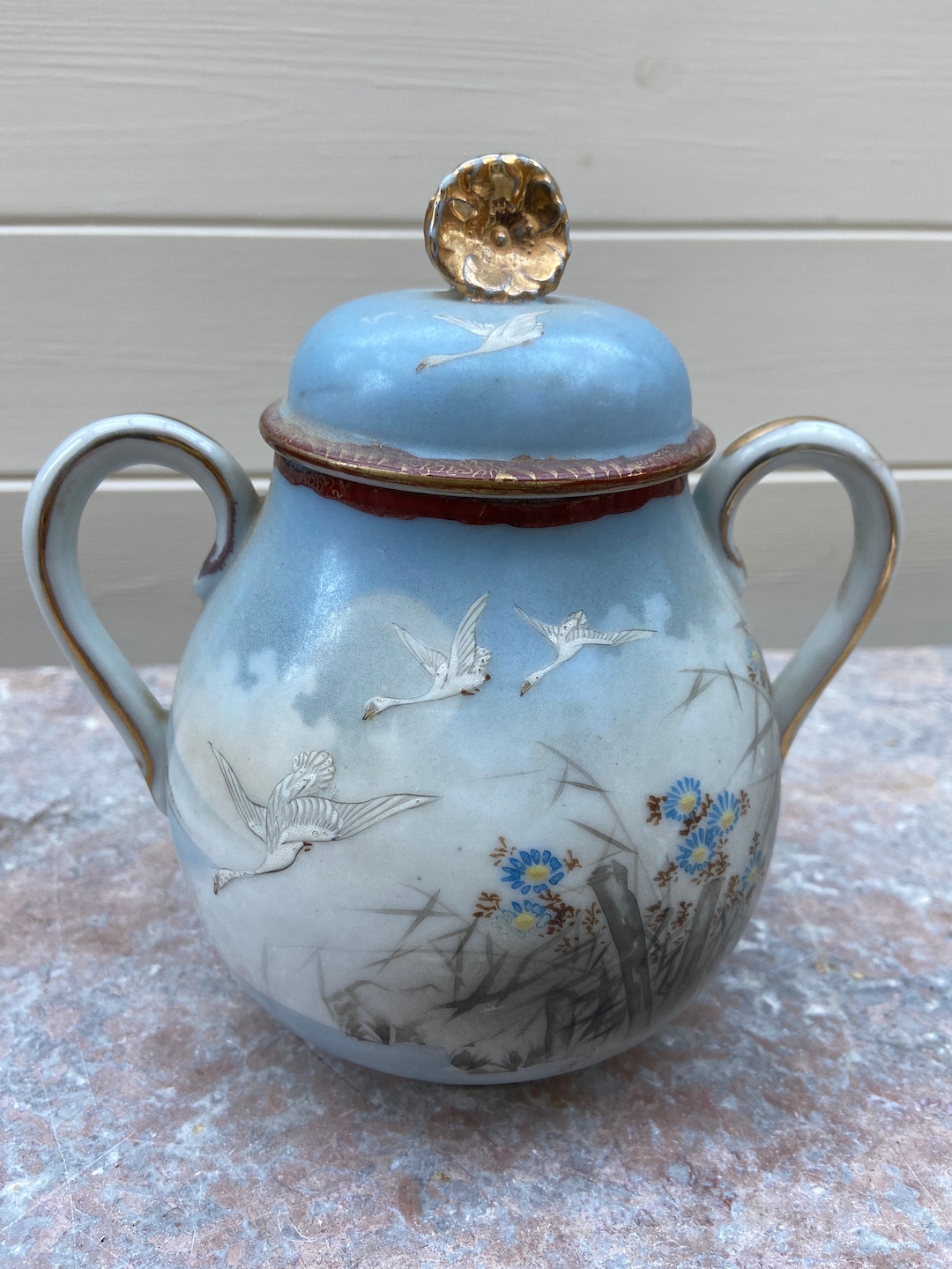 Hand Painted Chinese Porcelain Pot With Two Handles, Retro Collector ...