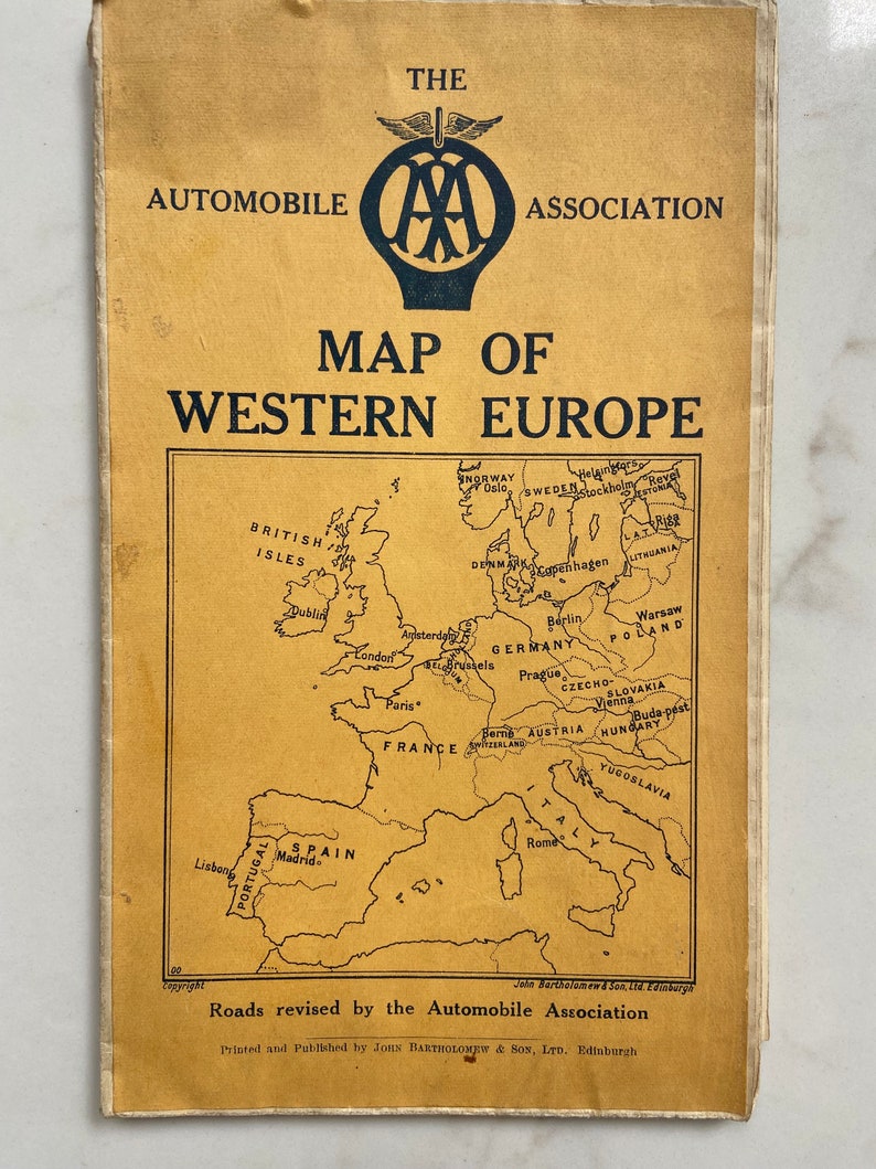 Vintage AA Map of Western Europe / Bartholomew's Automobile Map – 1937 ...