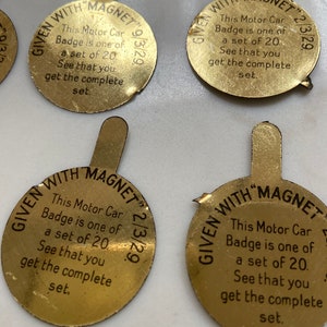 Vintage 1920s Car Badges/metal Tags X 6, From Magnet Magazine in 1929 ...