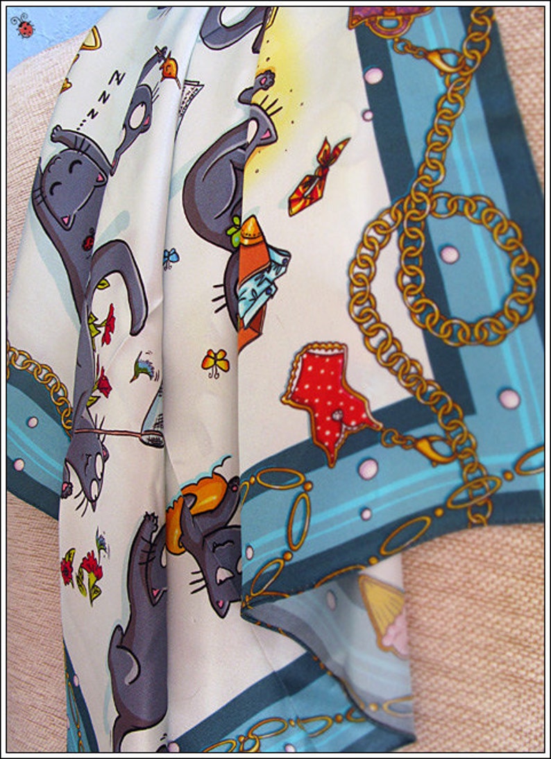 Printed Silk Scarf cats on Vacation in Light Blue. Unique Design and ...