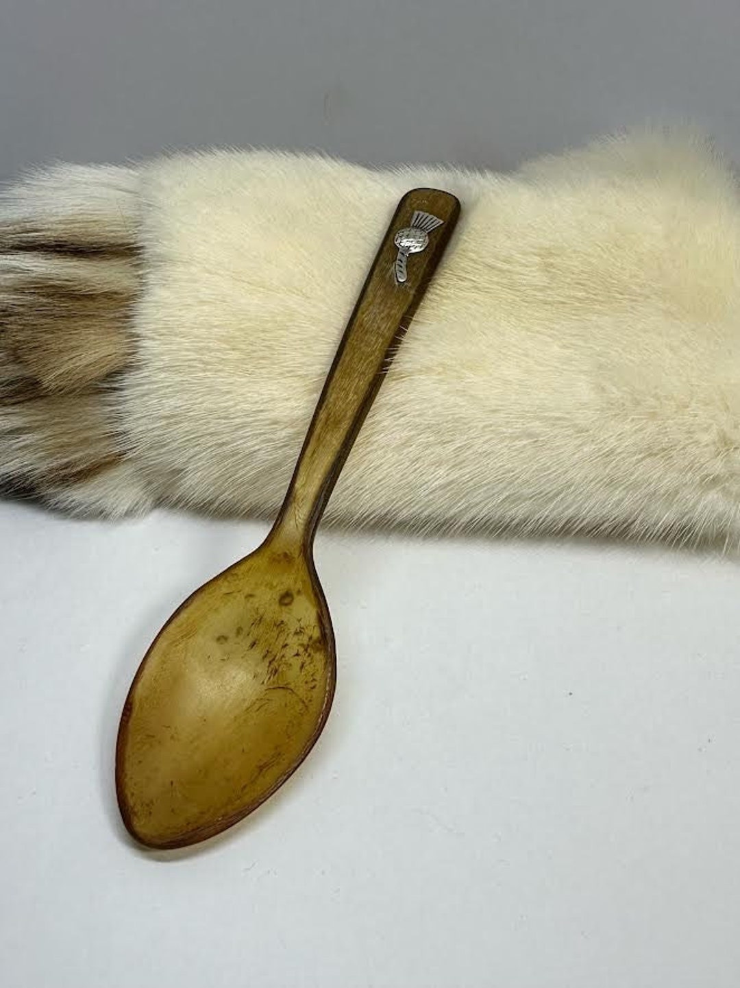 Antique Carved Horn Spoon Silver Scottish Thistle Flower Design ...