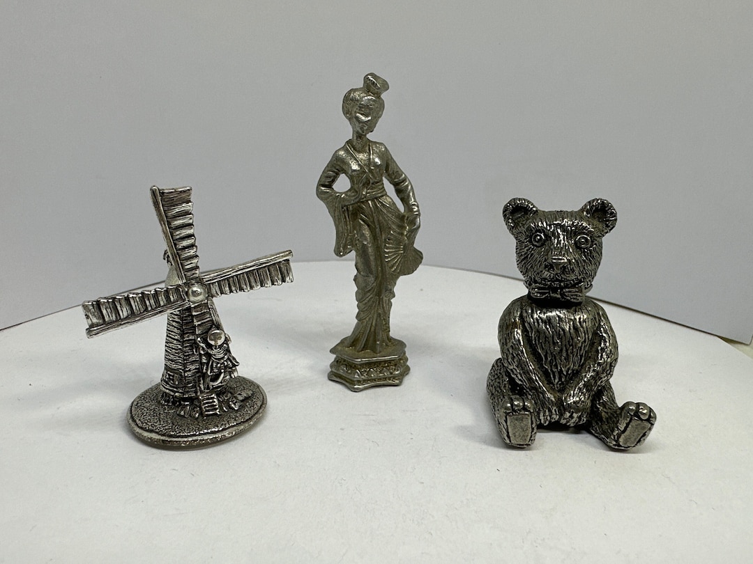 Vintage Pewter Small Figurines: Bear Bottle, Japanese Woman, Dutch ...