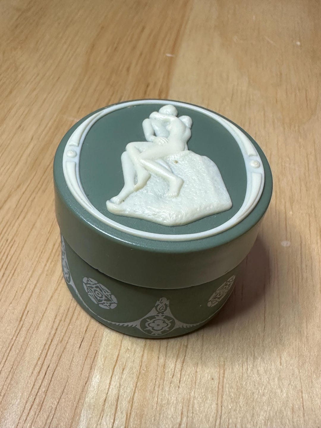 NEW Vintage Round Olive Green Pill Box Lid Decorated Relief Design ...