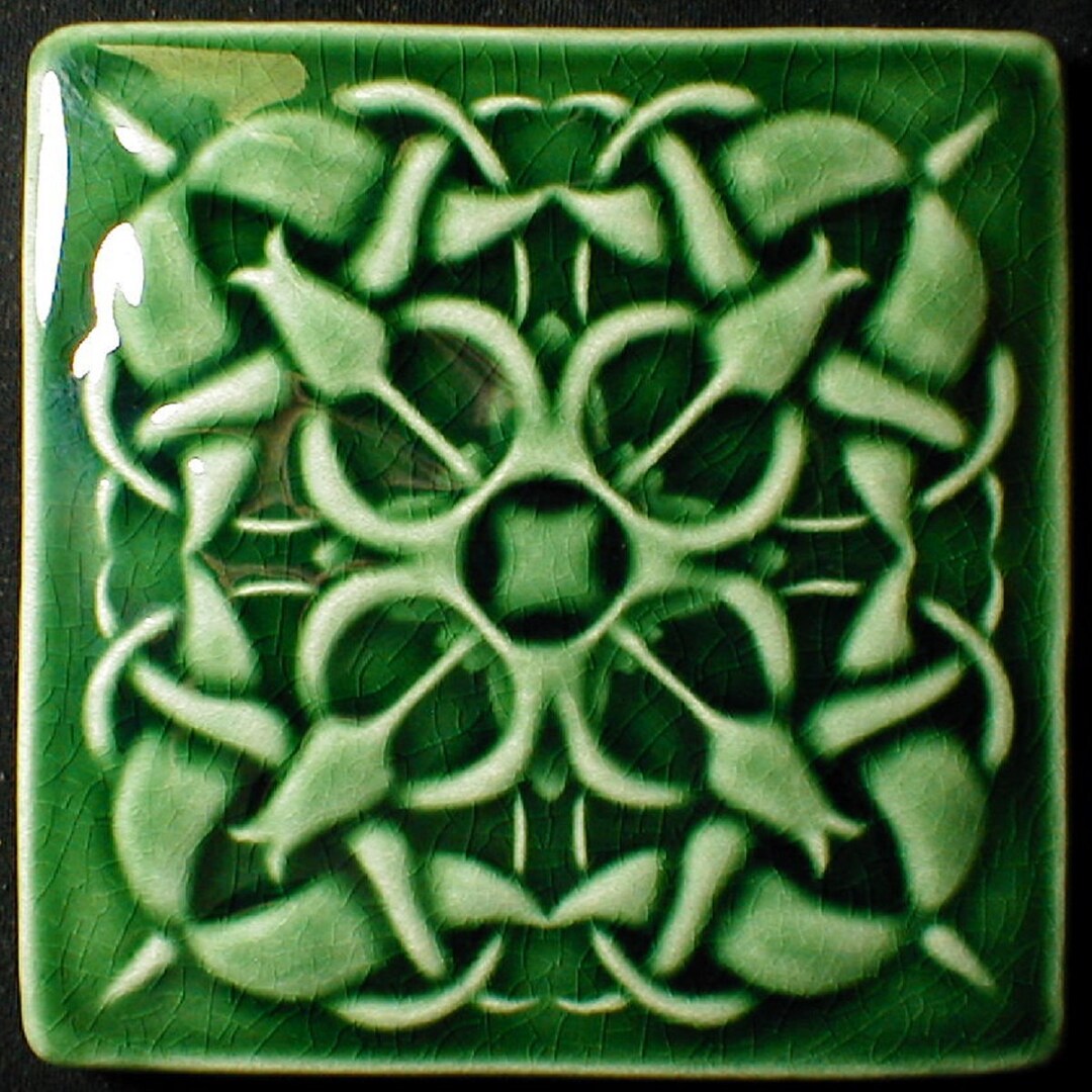 6x6 Tulip Tile With Glossy Dark Green Crackle Glaze, Art Tile, Green ...