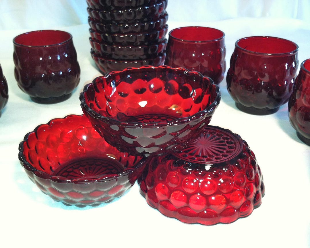 Vintage Bubble Ruby Red Fruit Bowl Set of 13 Glass Round Dots Holiday ...