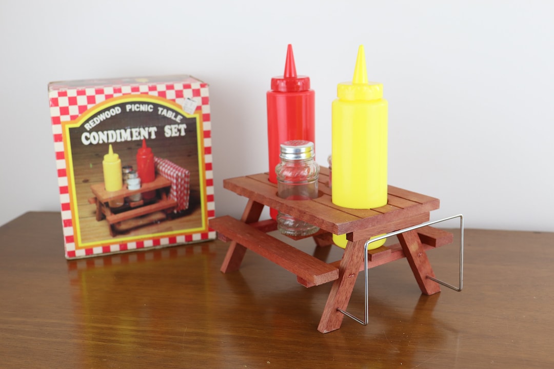 Vintage Picnic Table Condiment Holder With Ketchup, Mustard, Salt and ...