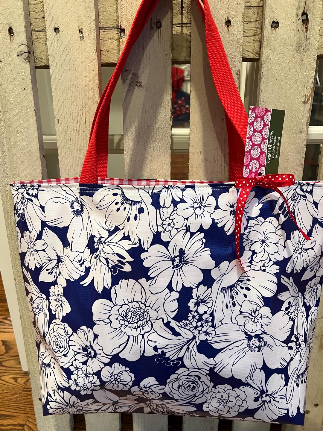 Large Oil Cloth Tote Bag in Blue Hibiscus Print & Red Gingham - Etsy