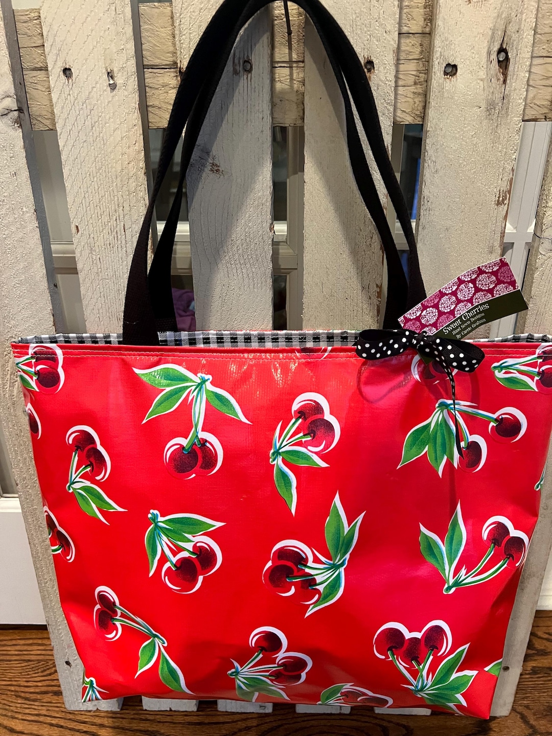 Large Oil Cloth Tote Bag in Cherry Print & Black Gingham - Etsy