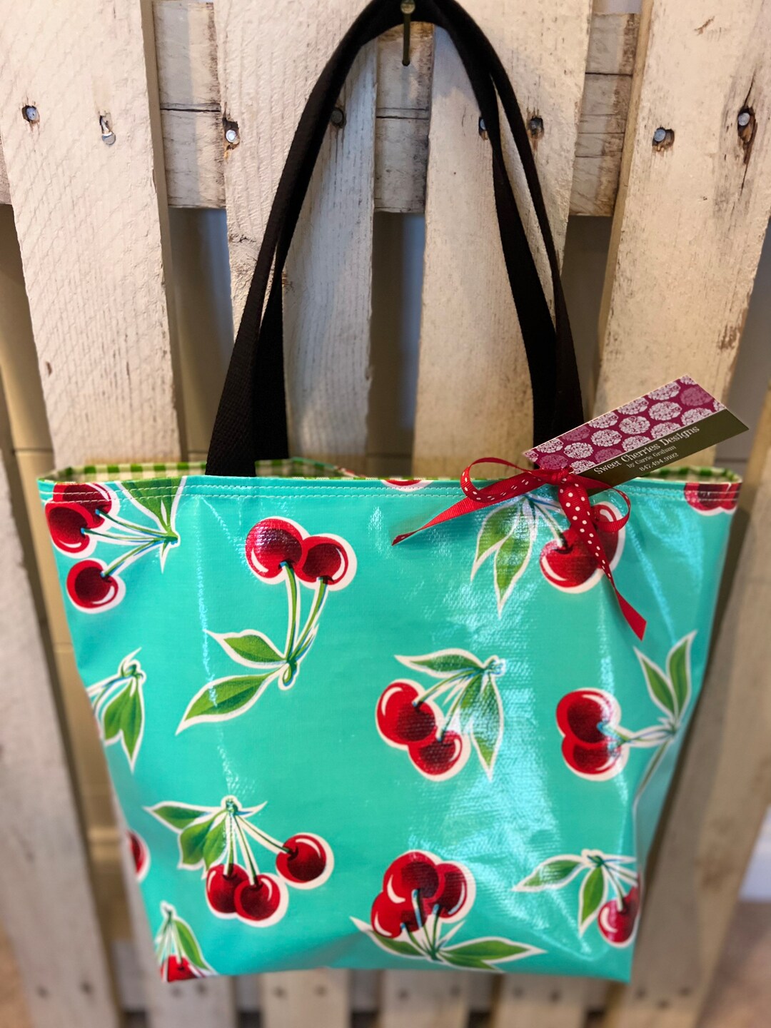 Medium Oil Cloth Tote Bag in Teal Cherry and Green Gingham - Etsy