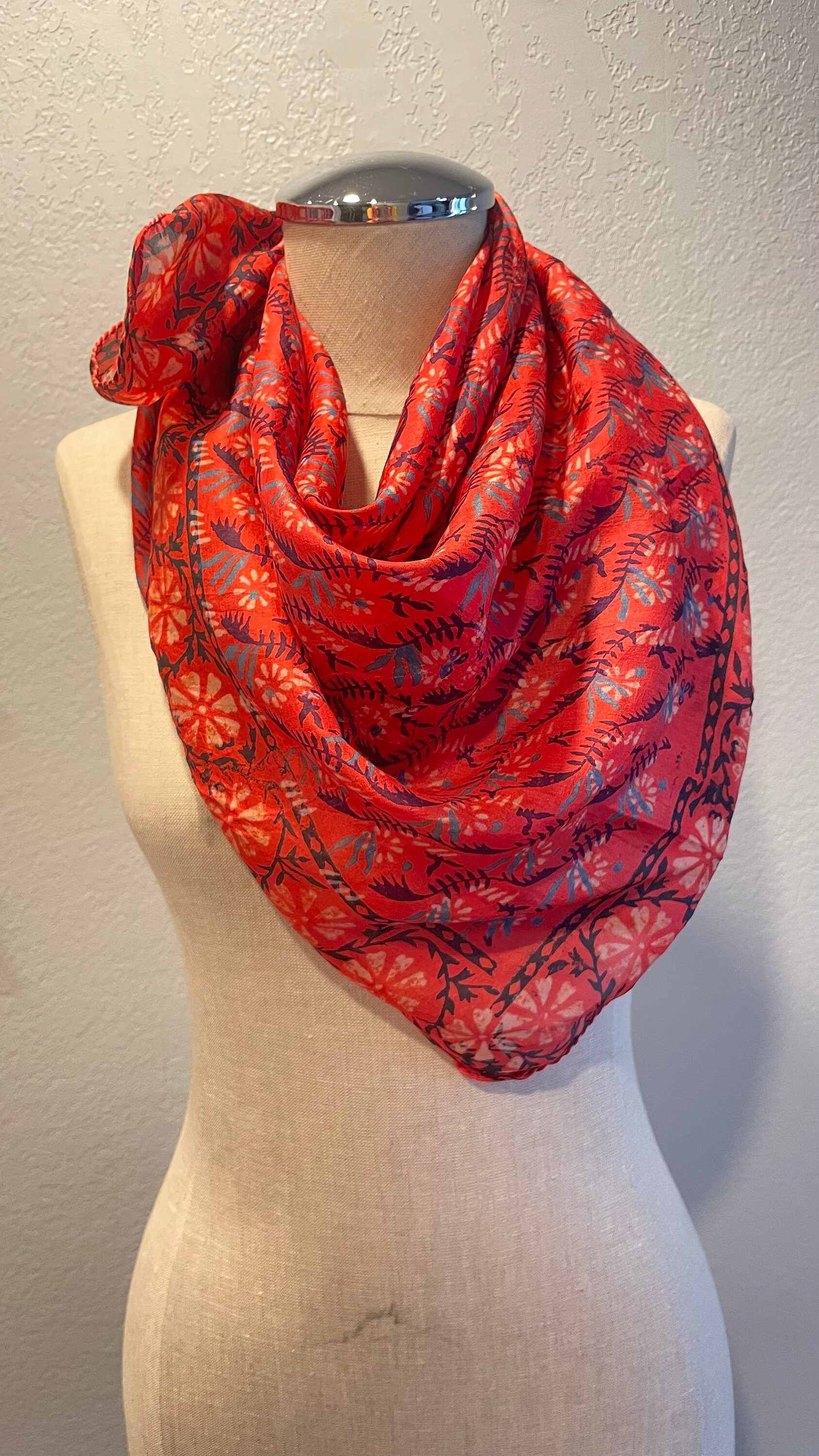 Red & Blue Floral Block Print Silk Scarf - Etsy