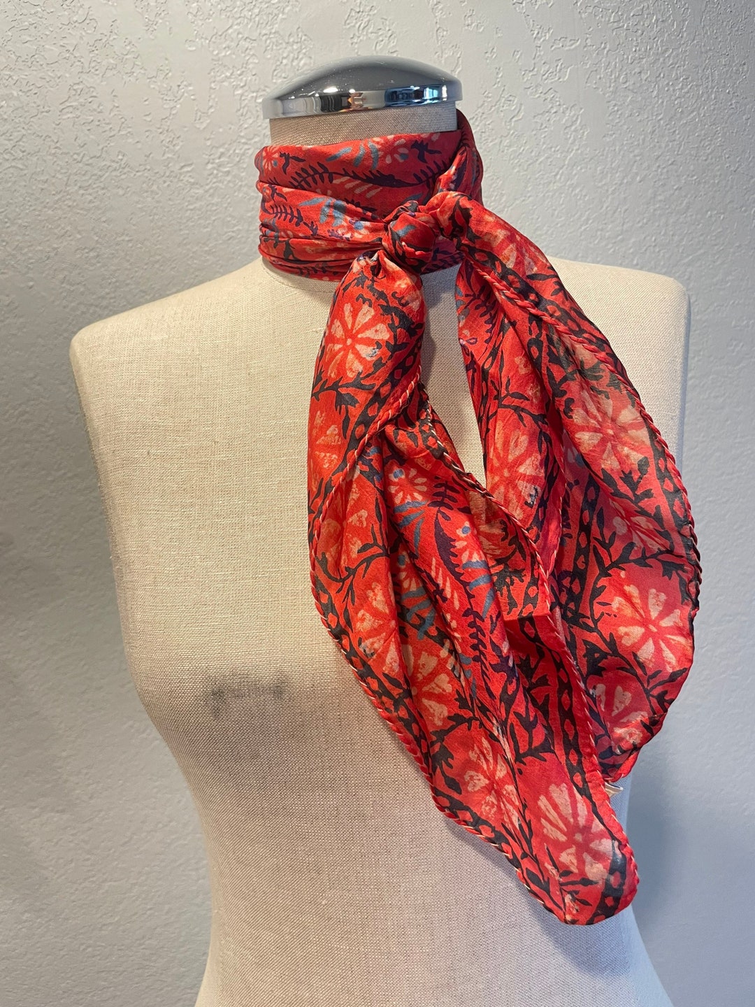 Red & Blue Floral Block Print Silk Scarf - Etsy