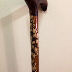 Handmade Floral Wood Cane - Carved Flower Stick - Wooden Art Cane ...