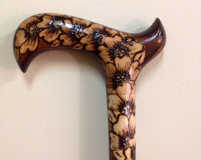 Handmade Floral Wood Cane - Carved Flower Stick - Wooden Art Cane ...