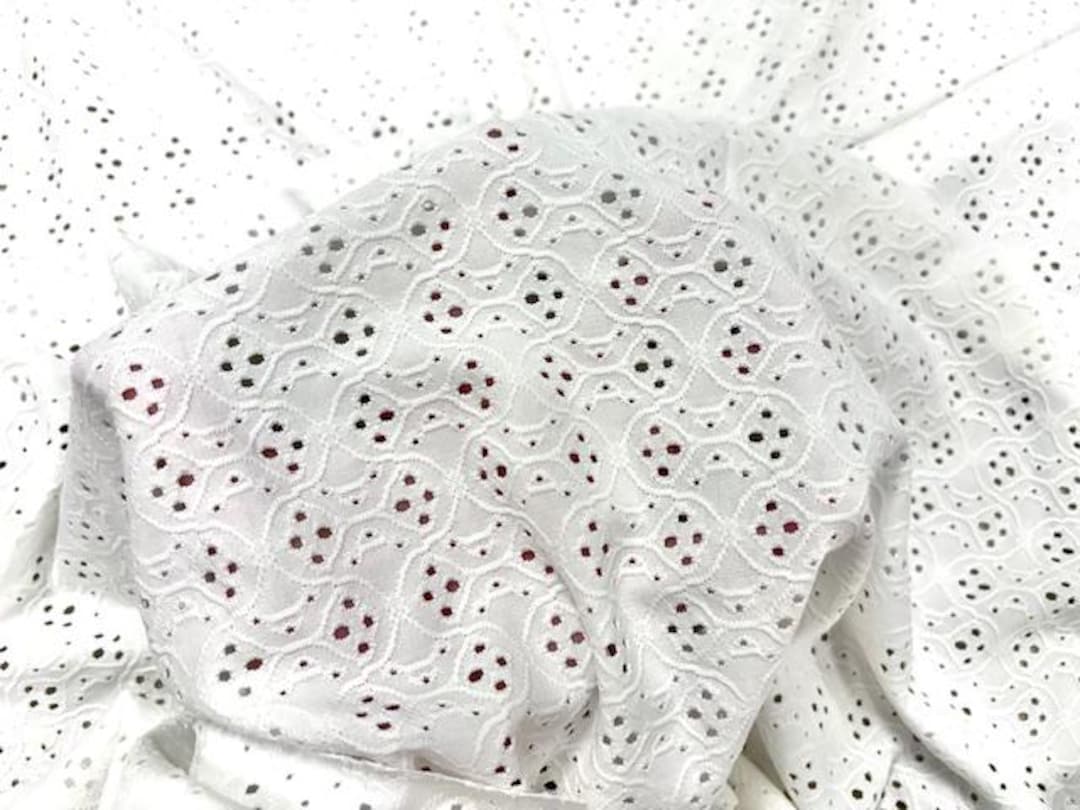 White Eyelet Floral Knit #15 Polyester Spandex Stretch Apparel Fabric ...