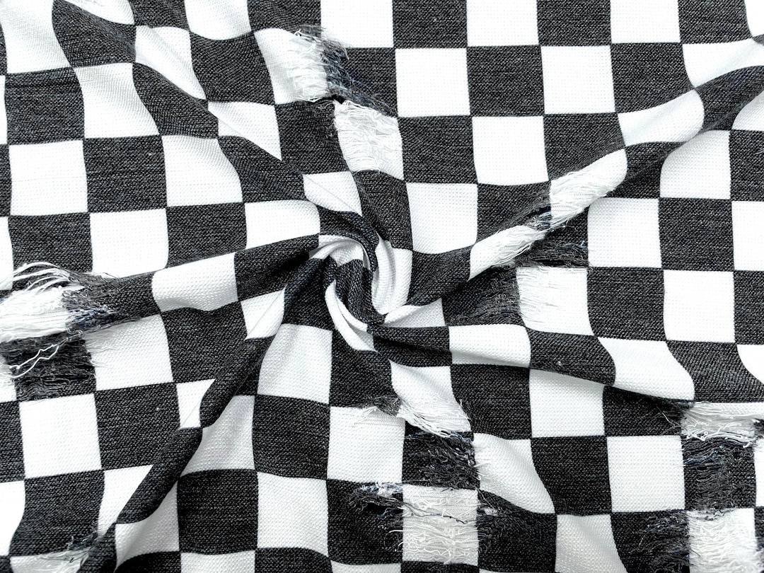 Checkerboard Black White Distressed Denim Print #36 Polyester Rayon ...