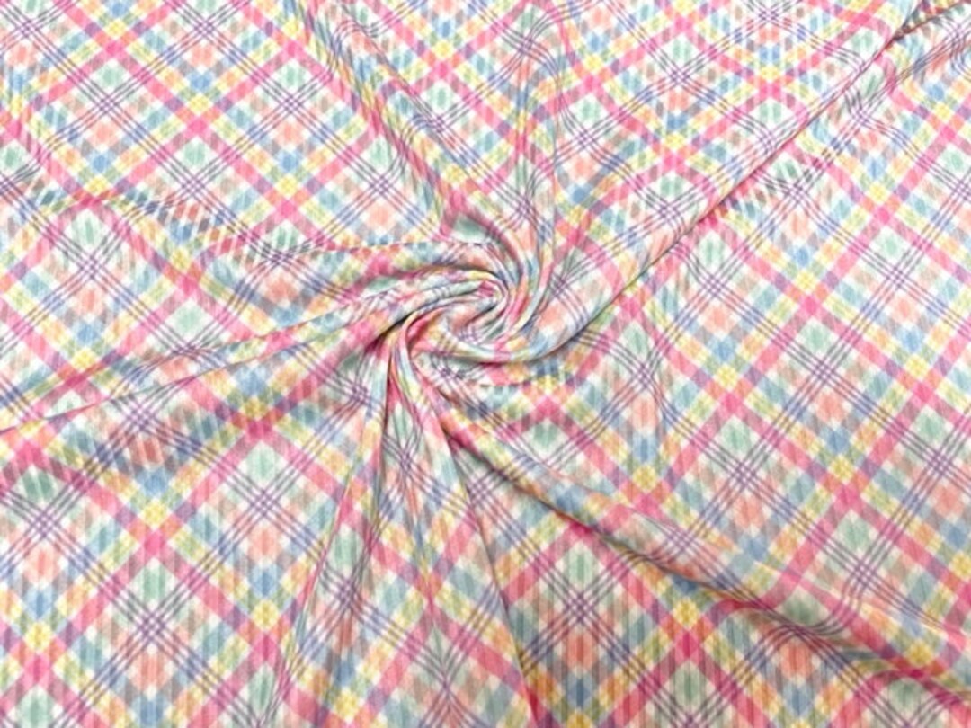 Pastel Easter Plaid 4x2 Rib Knit Print #178 Polyester Spandex Stretch ...