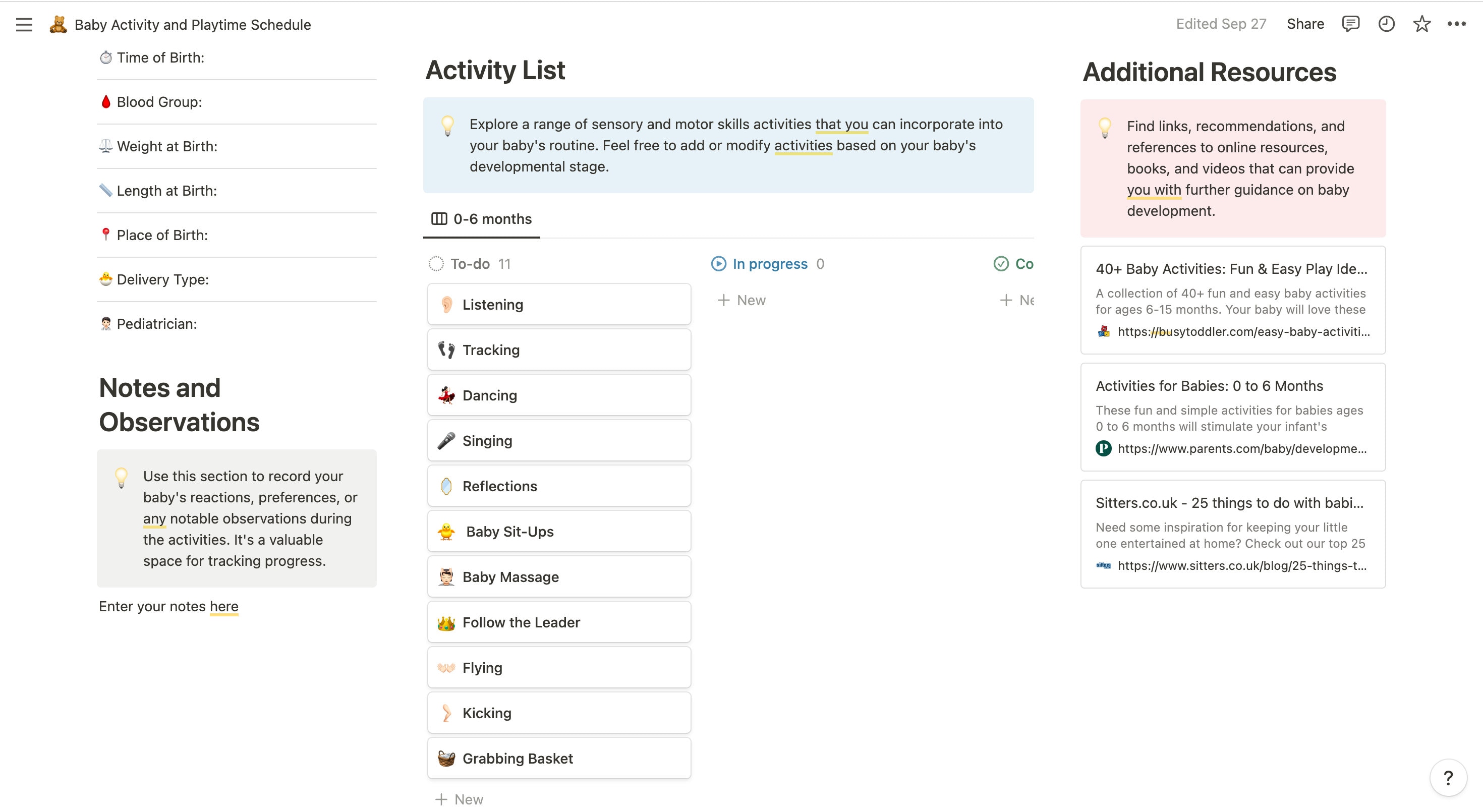 Notion Baby Playtime Schedule Template, Baby Activity Checklist, Baby ...