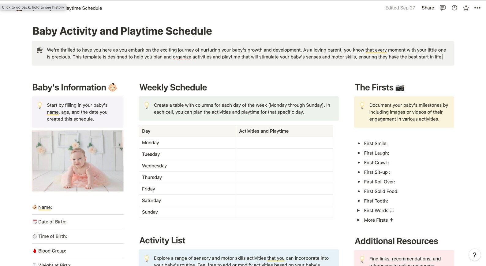 Notion Baby Playtime Schedule Template, Baby Activity Checklist, Baby ...