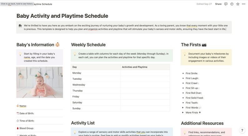 Notion Baby Playtime Schedule Template, Baby Activity Checklist, Baby ...